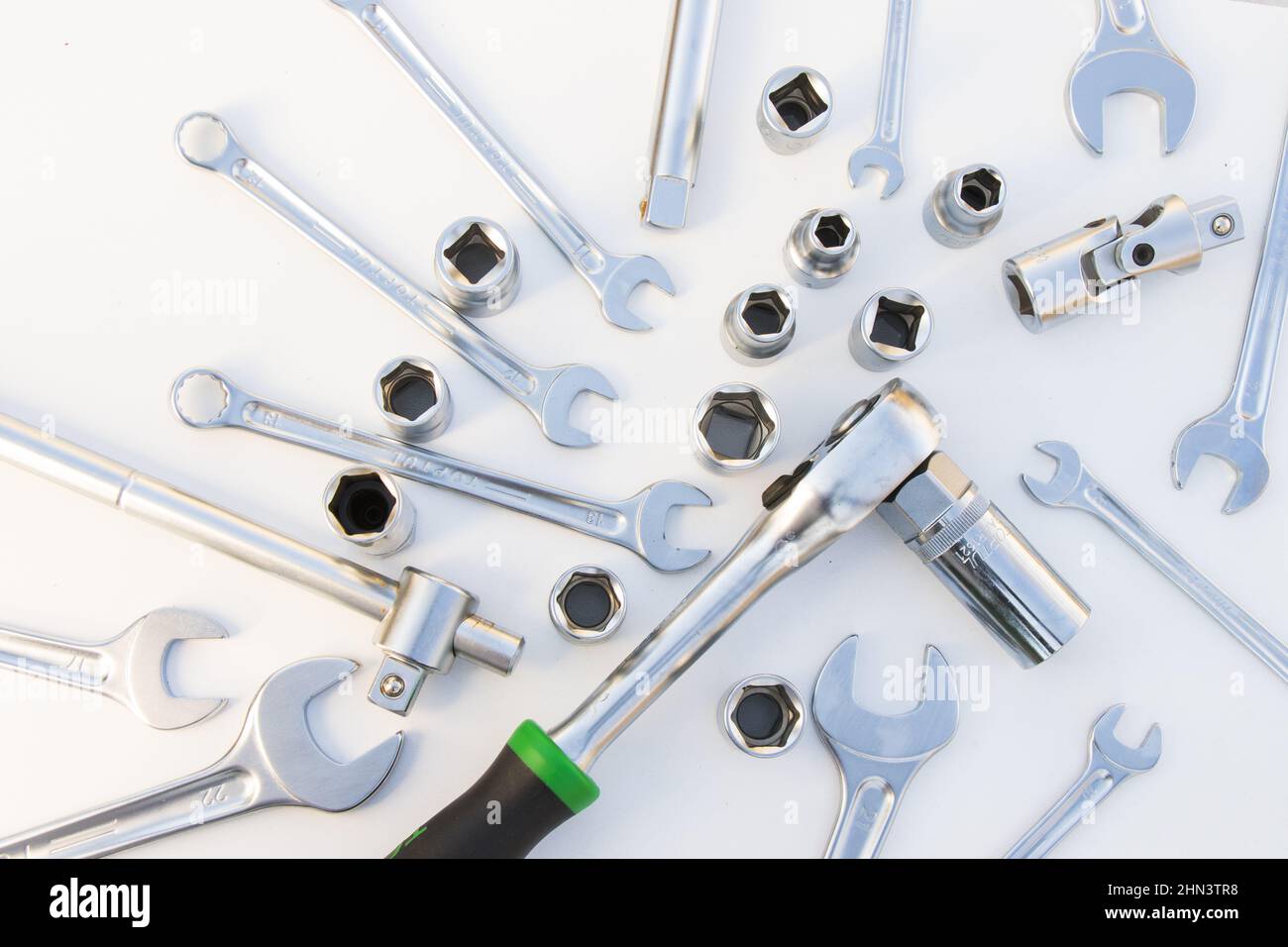 Top view Large group professional kit, different metal wrenches on the ...