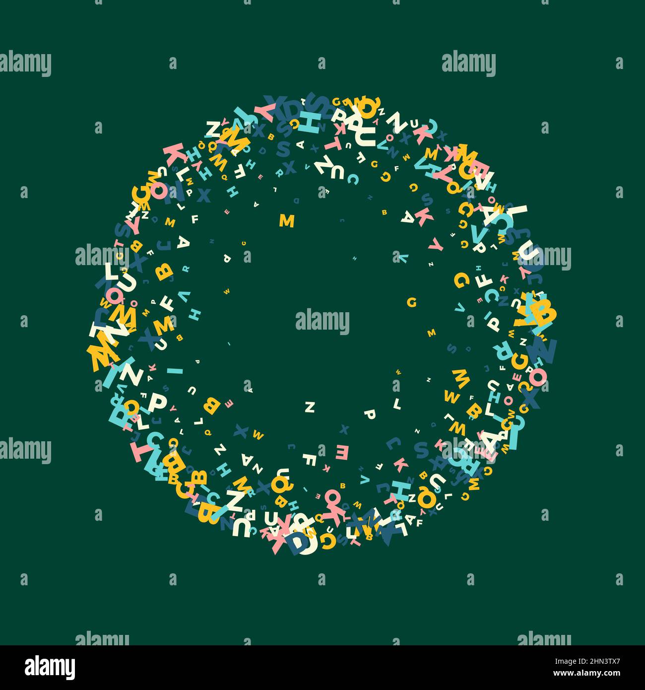 Falling letters of English language. Light flying words of Latin ...