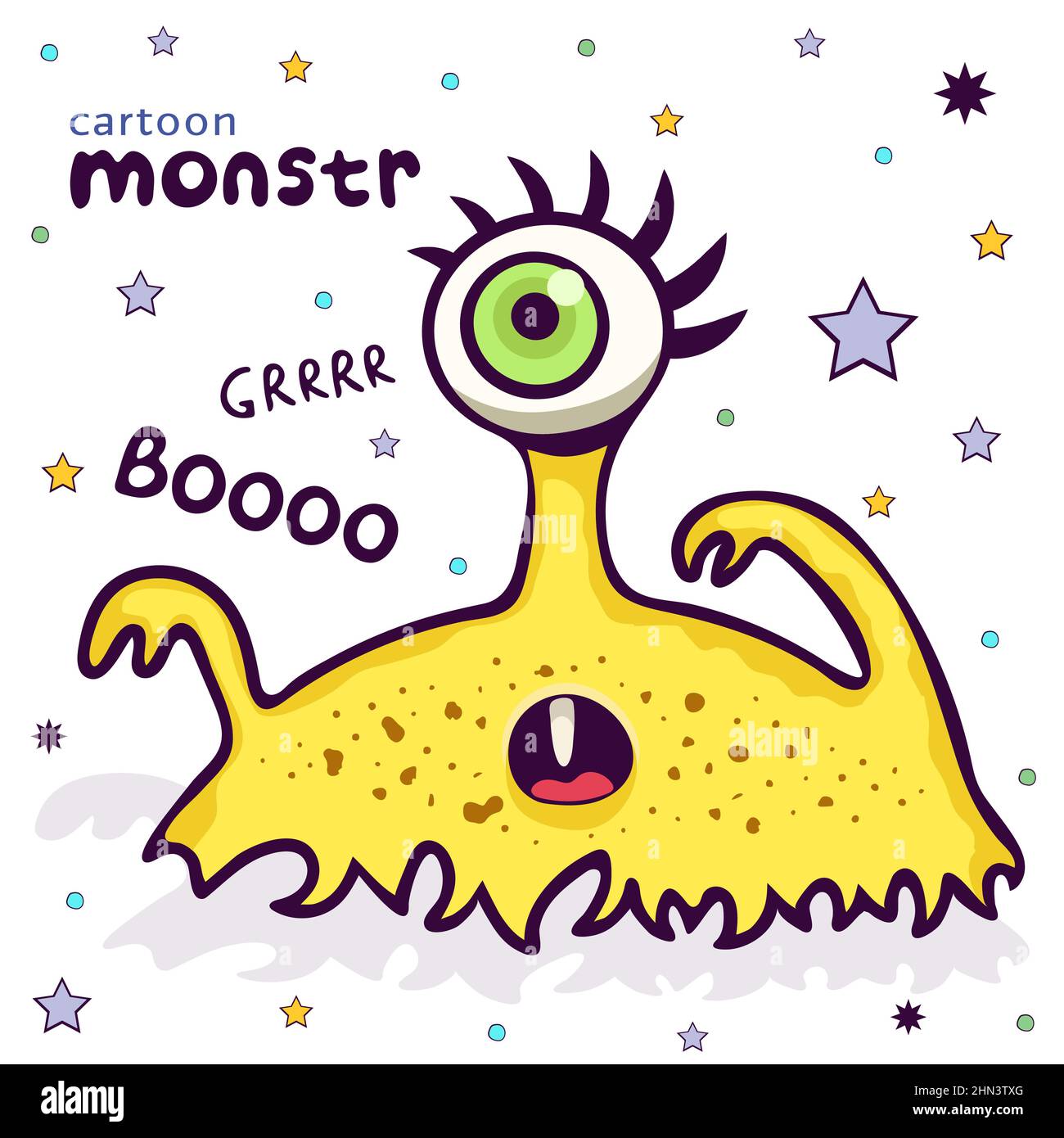 Cute monster, funny cartoon character, colorful hand drawing. Cheerful ...