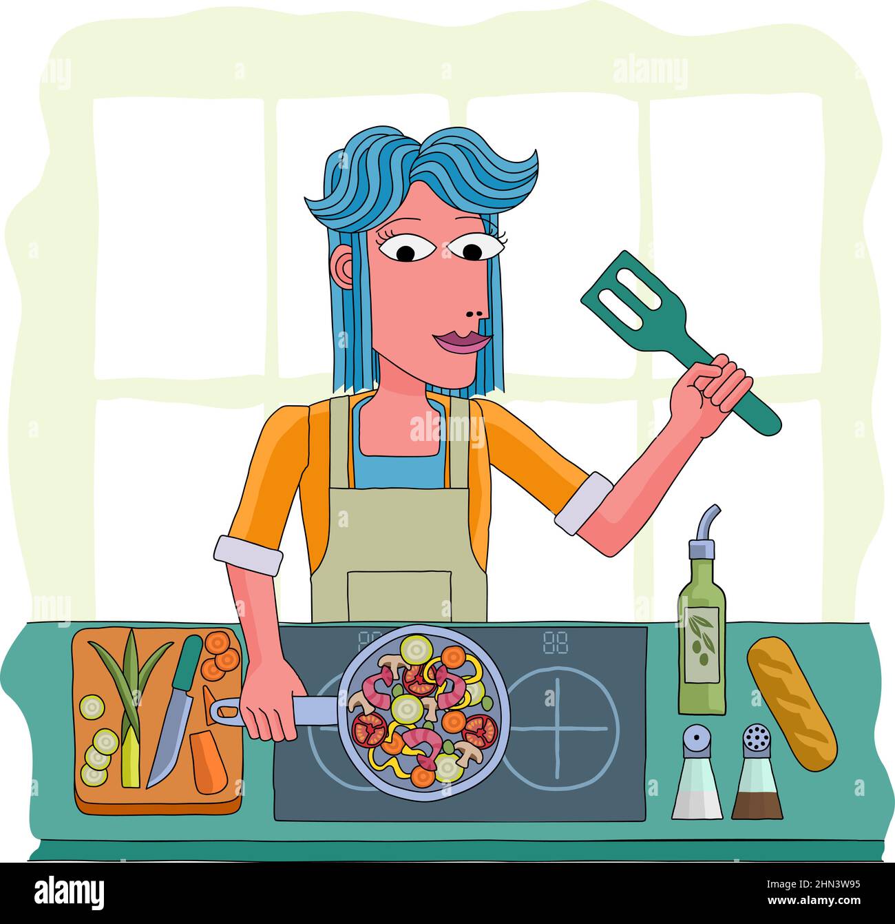 Woman Cooking Vegetable Curry Chinese Food Kitchen Stock Vector Image ...