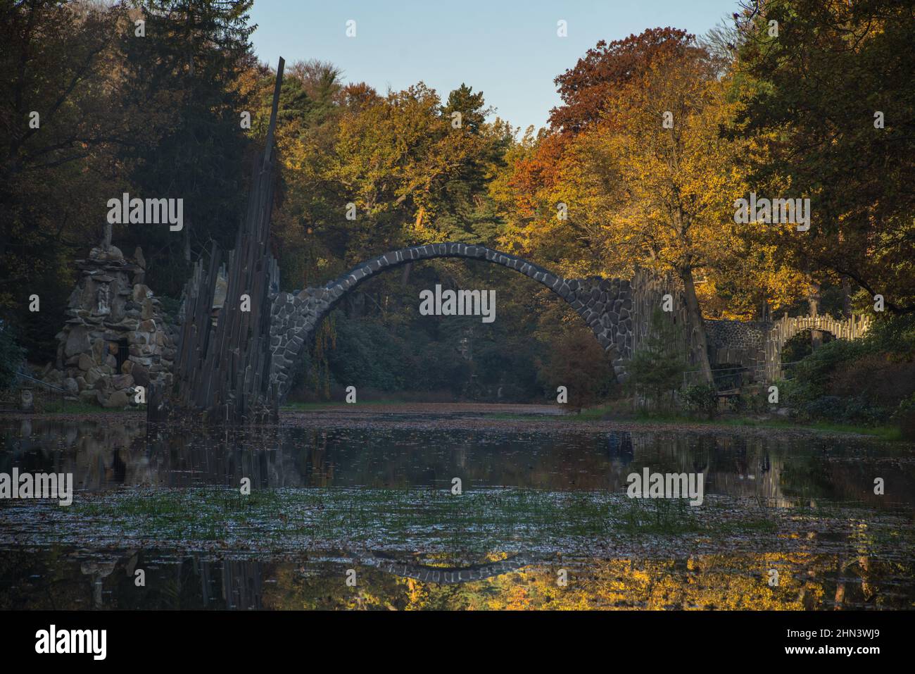 Bridge in rhododendron park in Kromlau in a beautiful autumn mood Stock ...