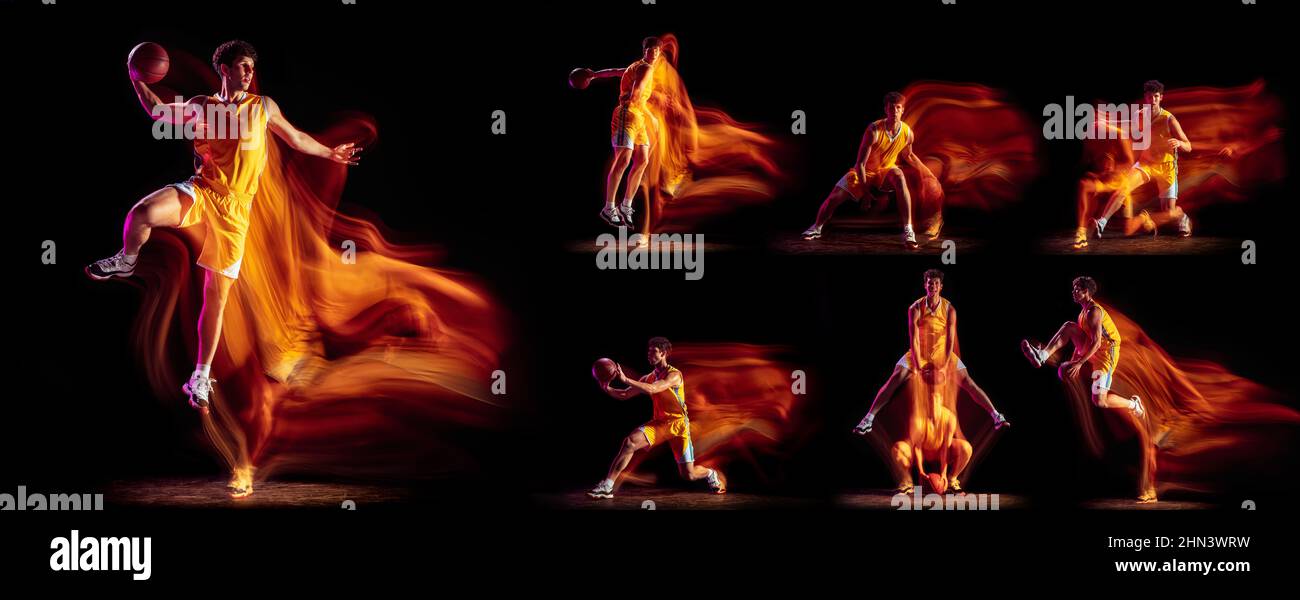 Collage of young man, professional basketball player in motion, trainin ...