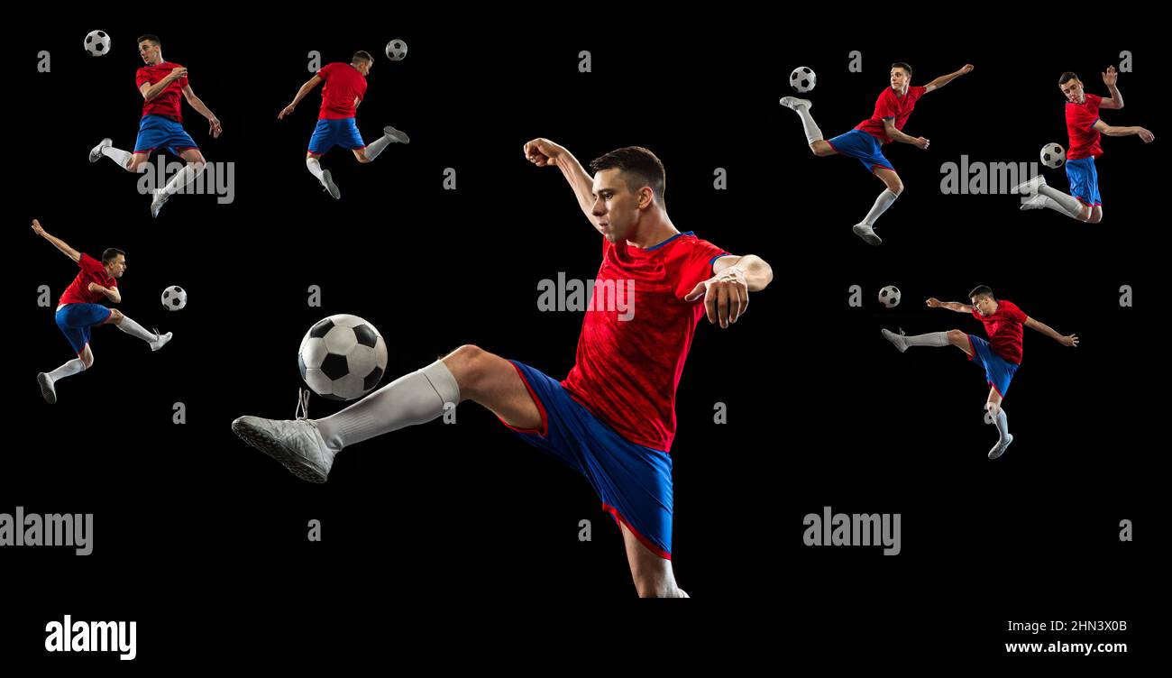 Collage. Portraits of professional football player in red uniform ...
