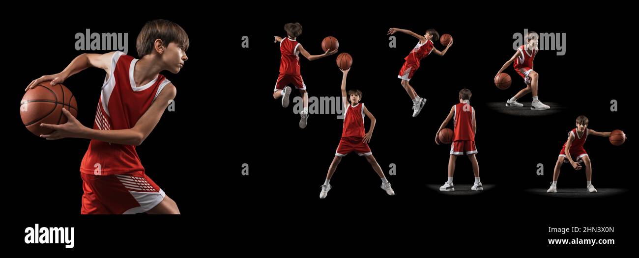 Collage of portrait of teen boy, basketball player in red uniform ...