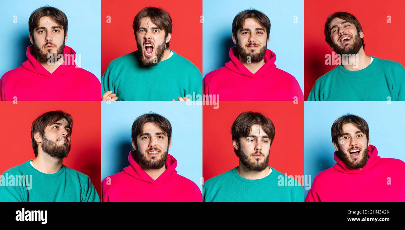 Collage. Young man expressing different emotions of happiness, stress ...