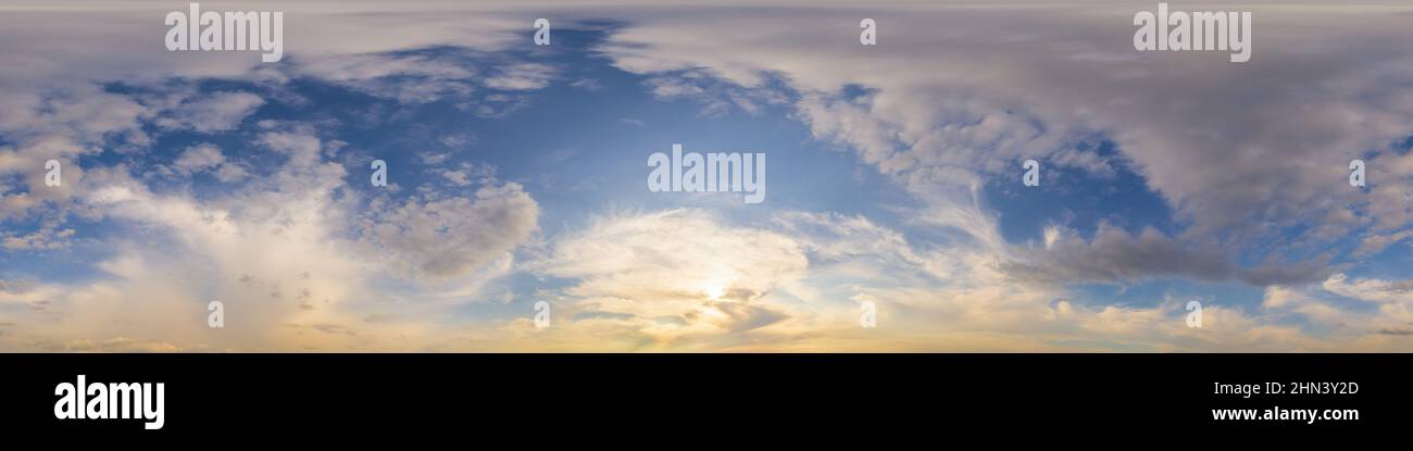 Dark blue sunset sky panorama with golden Cumulus clouds. Seamless hdr ...