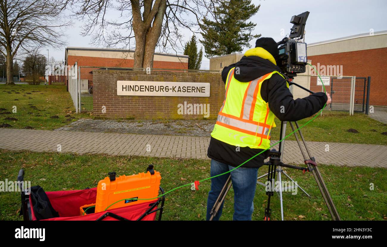 Munster, Germany. 14th Feb, 2022. A cameraman films the access area of ...