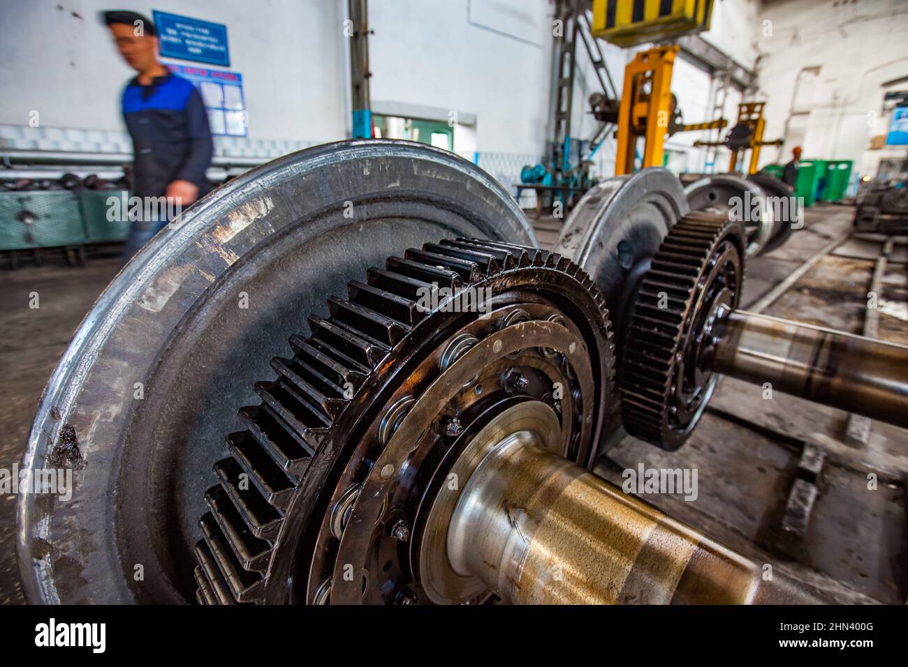 Kazaly, Kazakhstan - May 02, 2012: Locomotive repair plant. Loco wheel ...