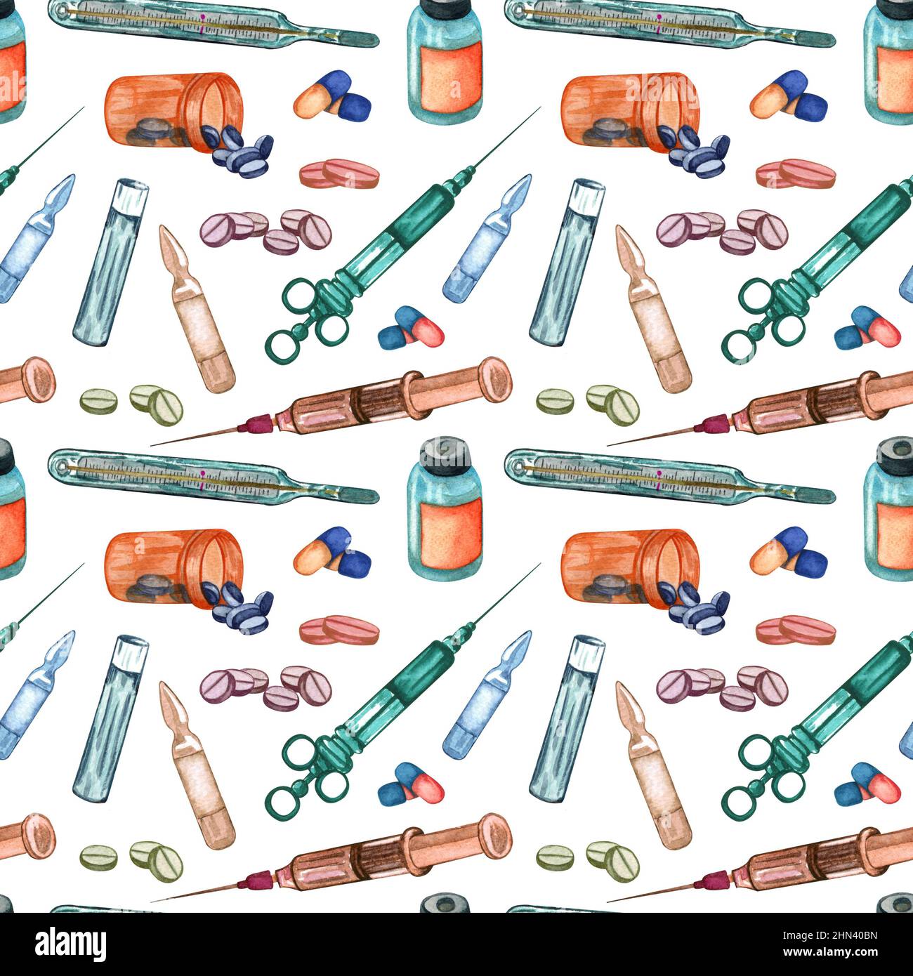 Medical seamless pattern with syringe for injection, pills, vaccine ...
