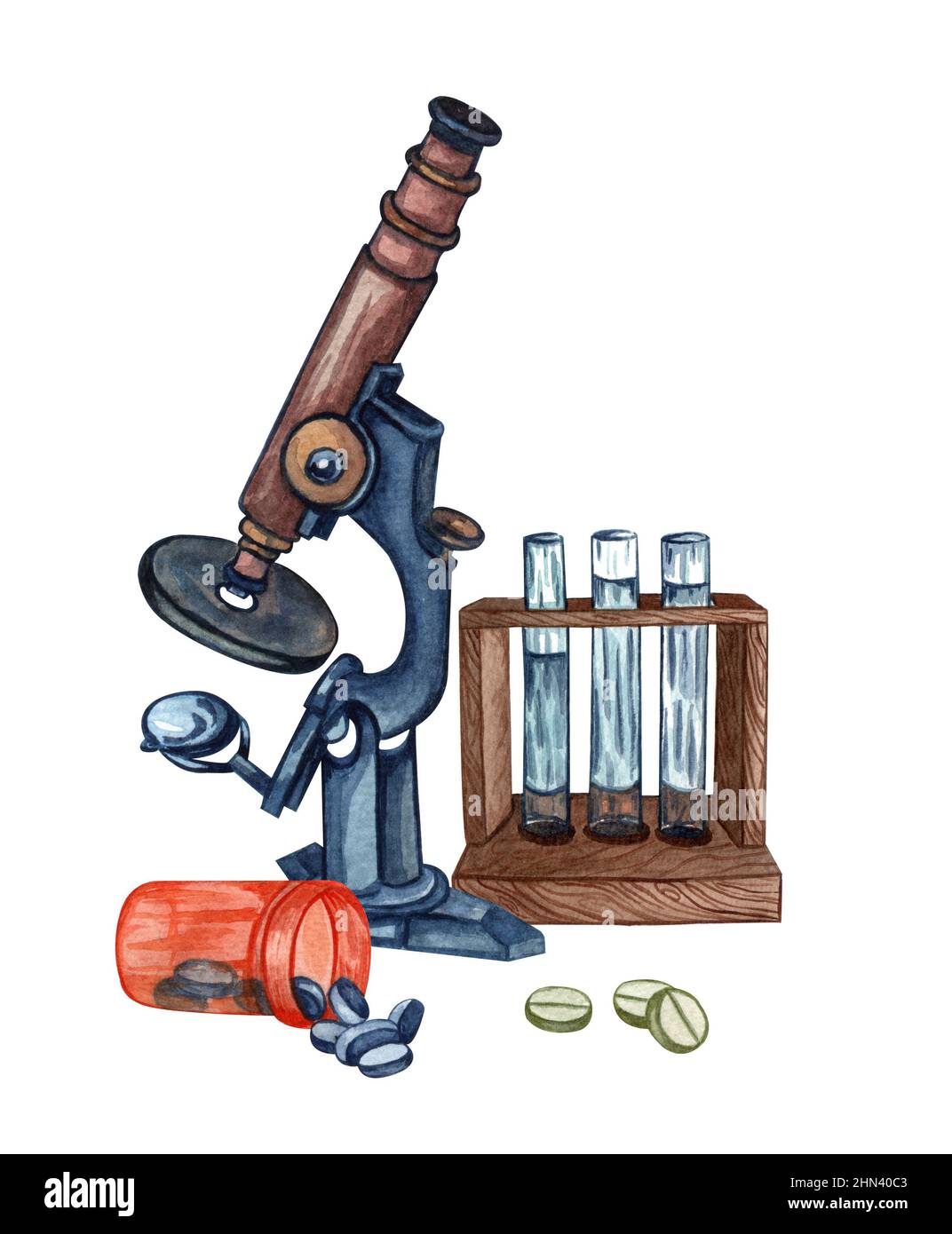 Watercolor microscope, test tubes, pills, hand drawn illustration ...