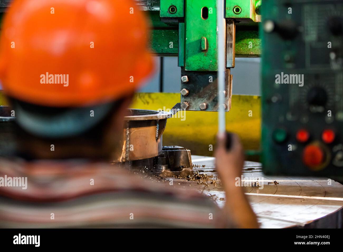 Horizontal turning lathe close-up tool, in focus. Machining (making ...