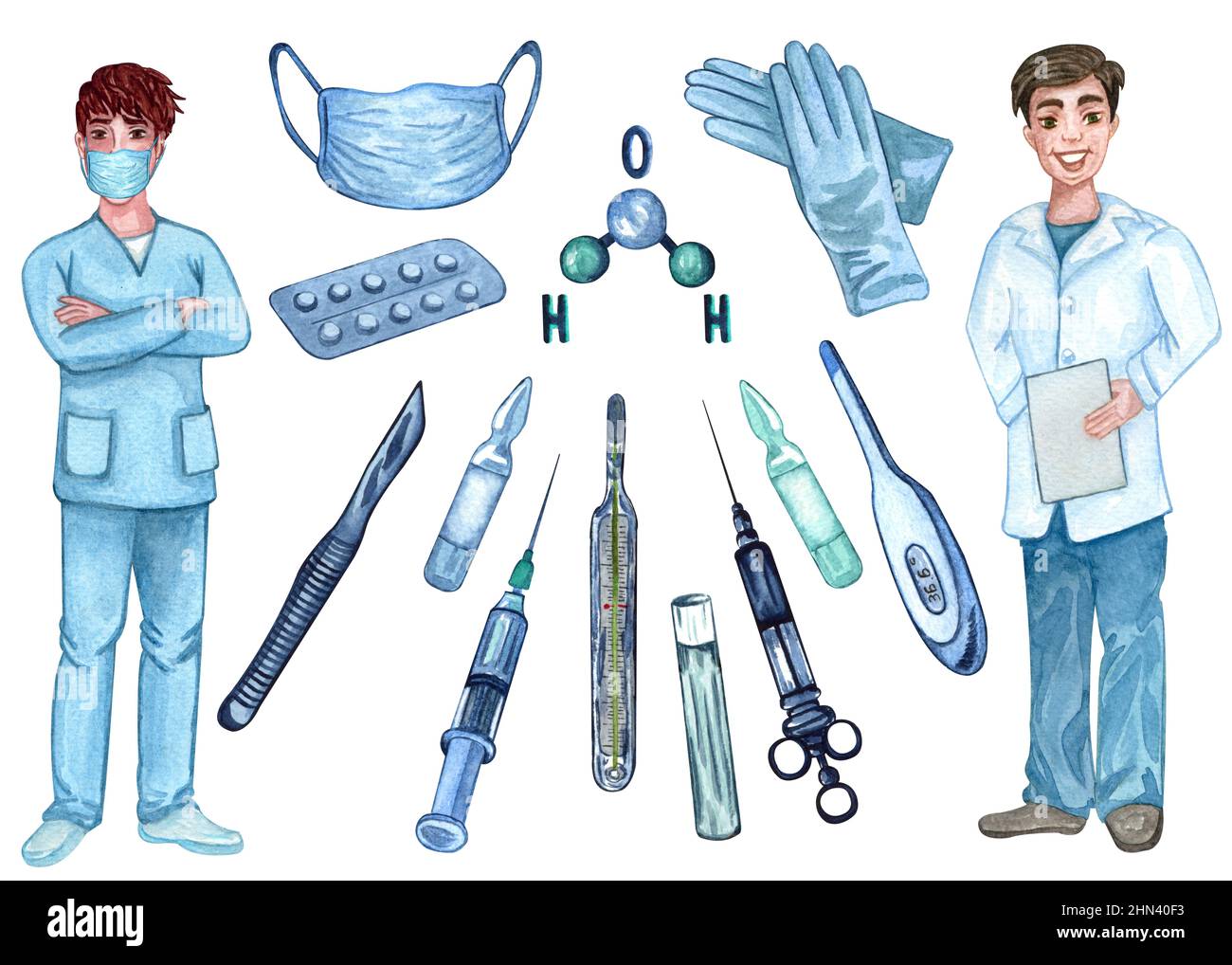 Medical set with syringe for injection, pills, vaccine and cute male ...