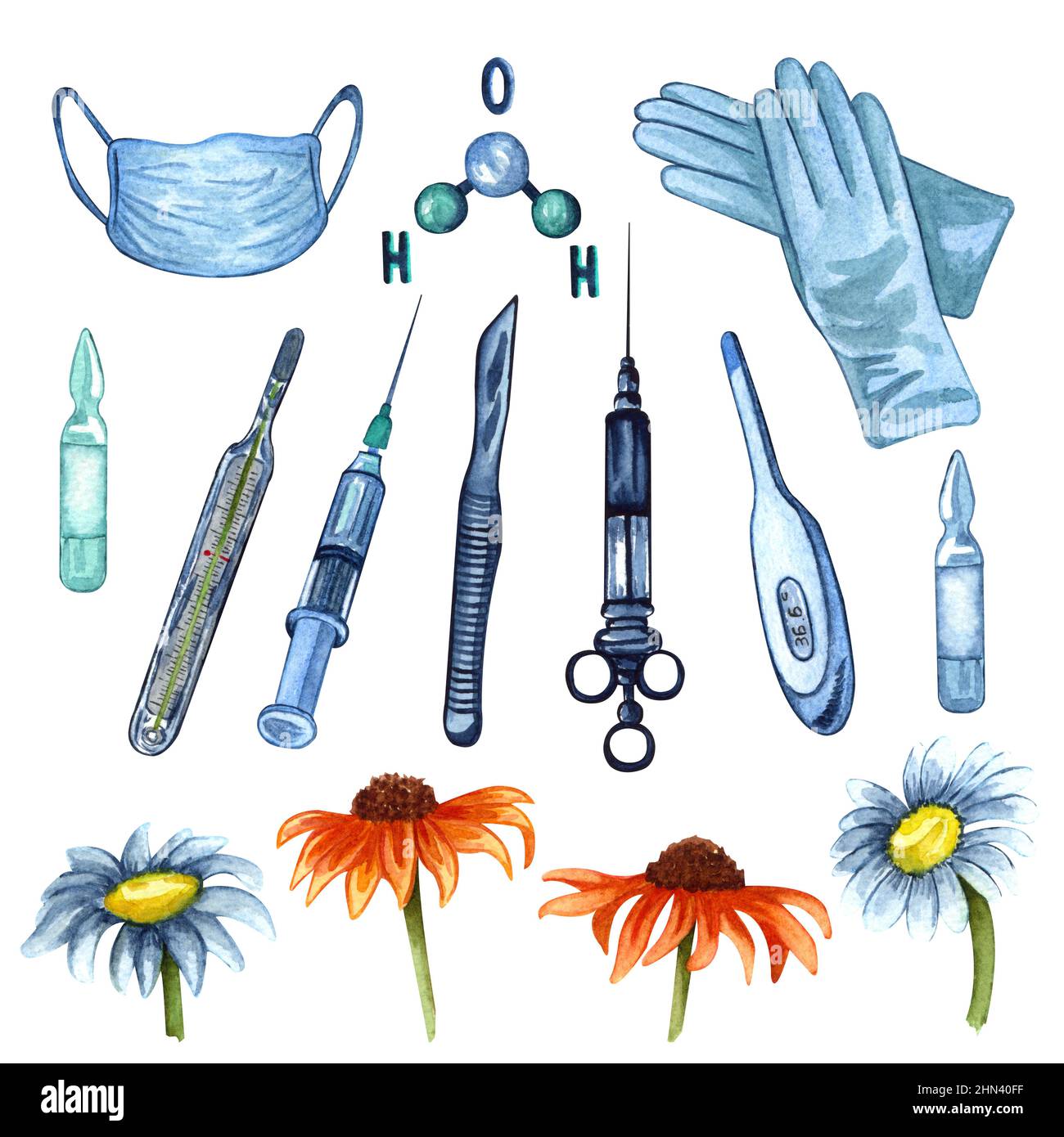 Watercolor set of medical or pharmacy equipment, drugs, pills, an ...