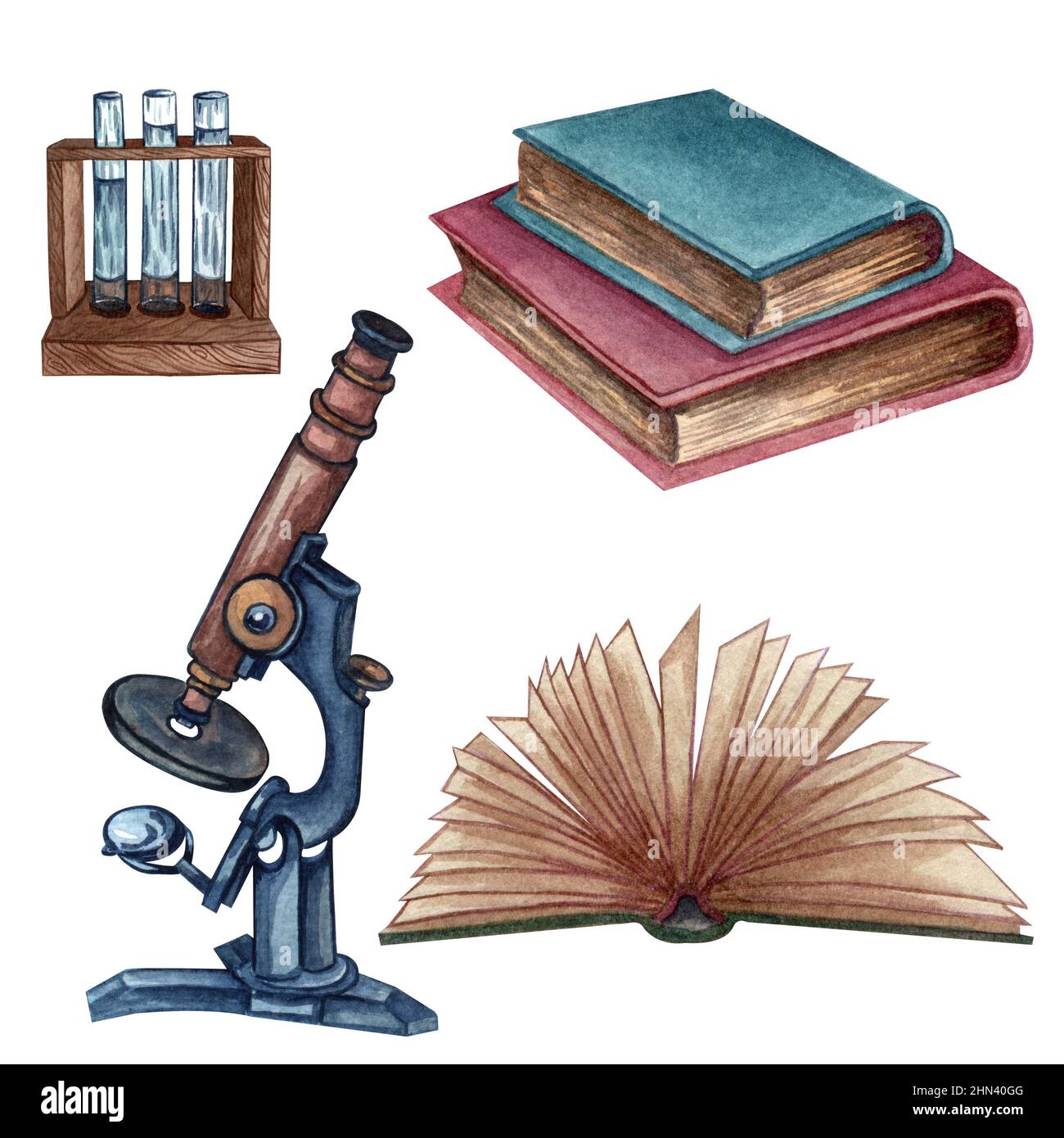 Watercolor science set of books , test tube rack and a microscope ...
