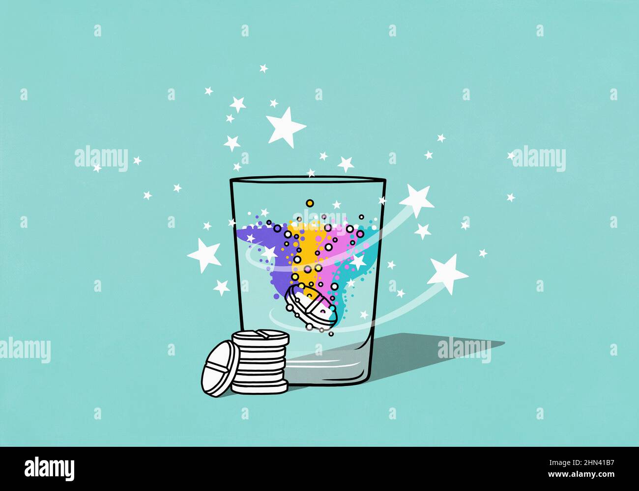 Stars swirling around effervescent pill in glass Stock Photo - Alamy