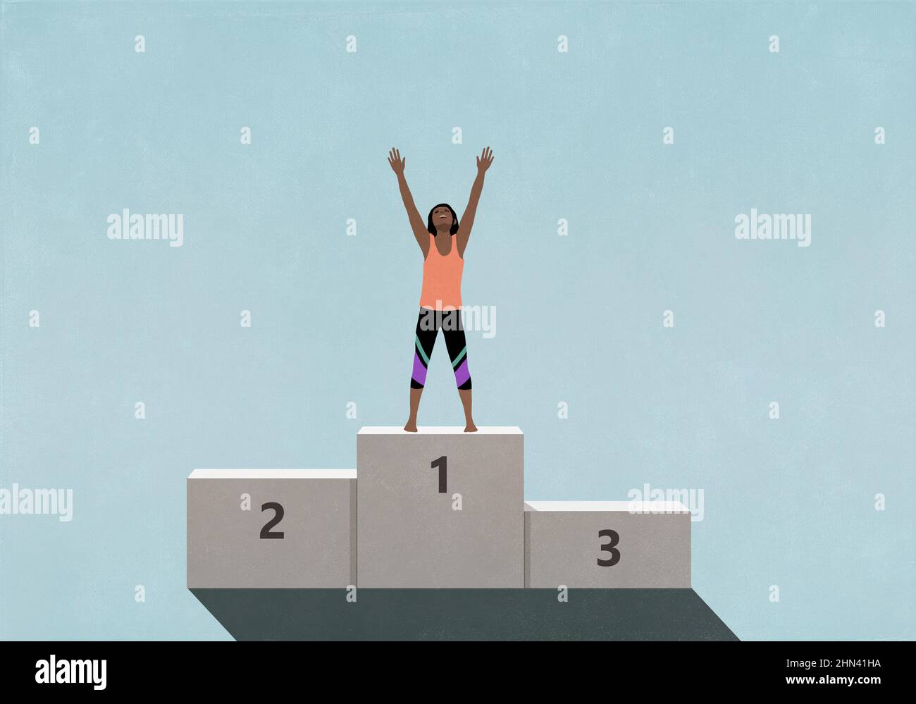 Victorious female athlete standing with arms raised, celebrating on 1st ...