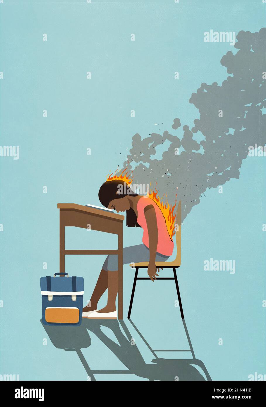 Exhausted schoolgirl on fire, sleeping at classroom desk Stock Photo ...