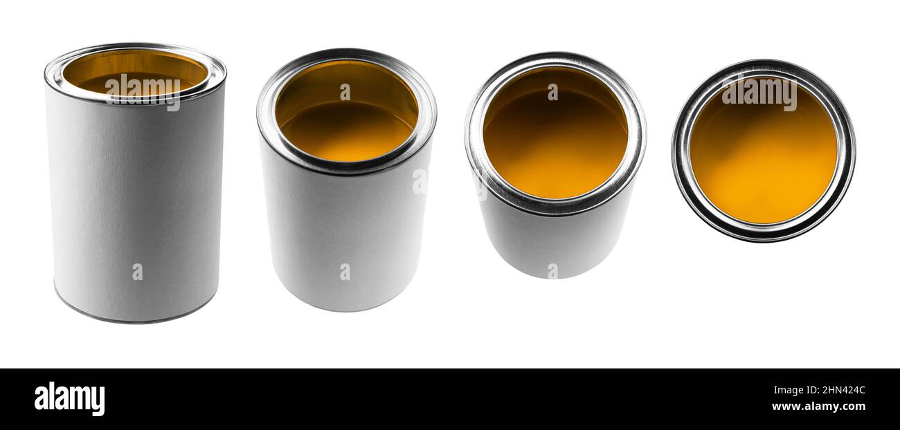 A jar with yellow paint in different angles on a white background Stock ...