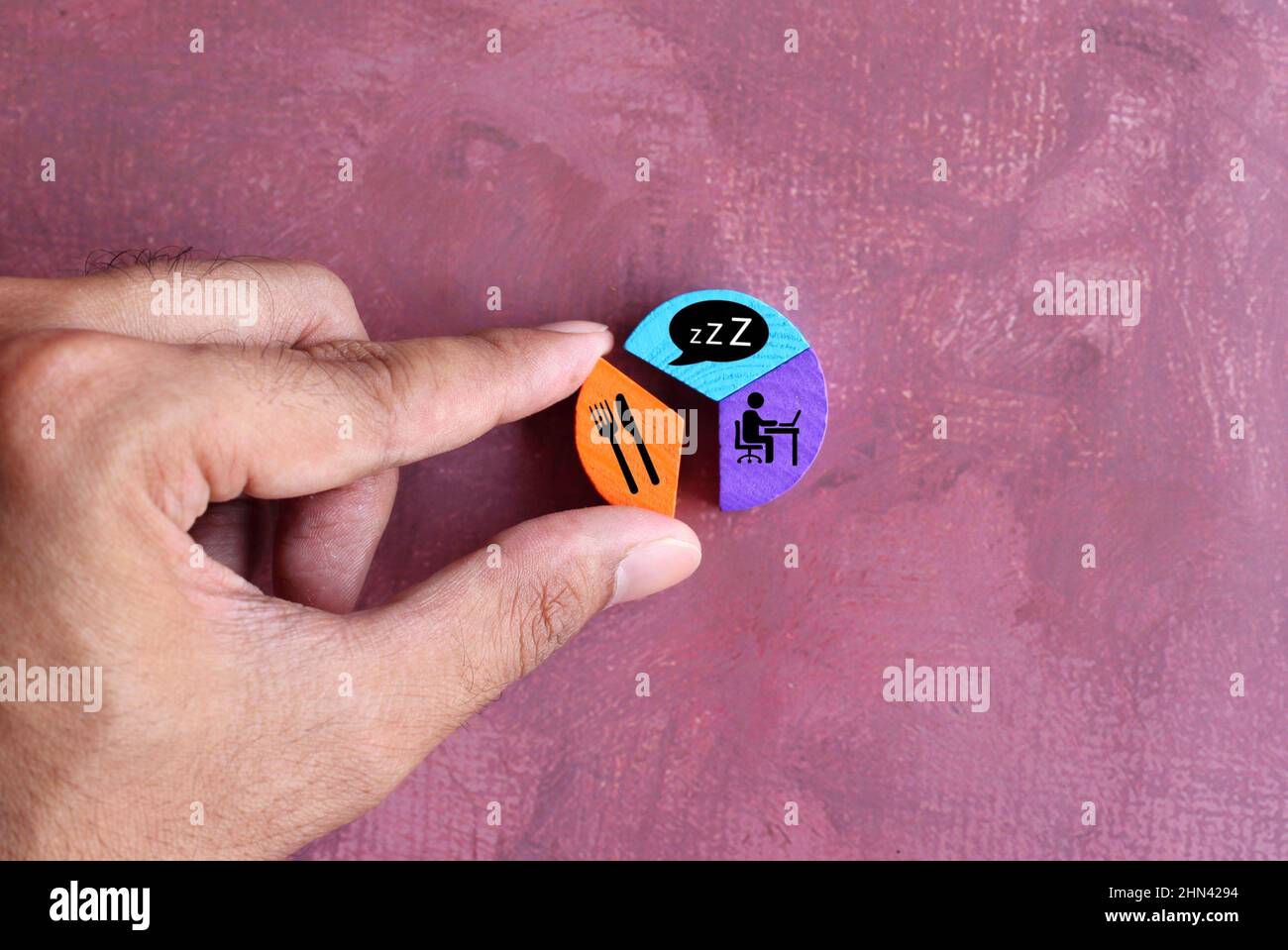 Daily routine concept. Top view image of hand and wooden cubes with eat ...
