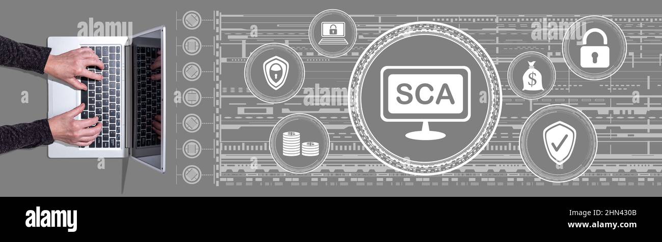 Top view of hands using laptop with symbol of sca concept Stock Photo ...