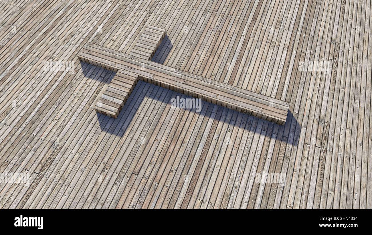 Concept or conceptual cross on a natural wood or wooden texture ...