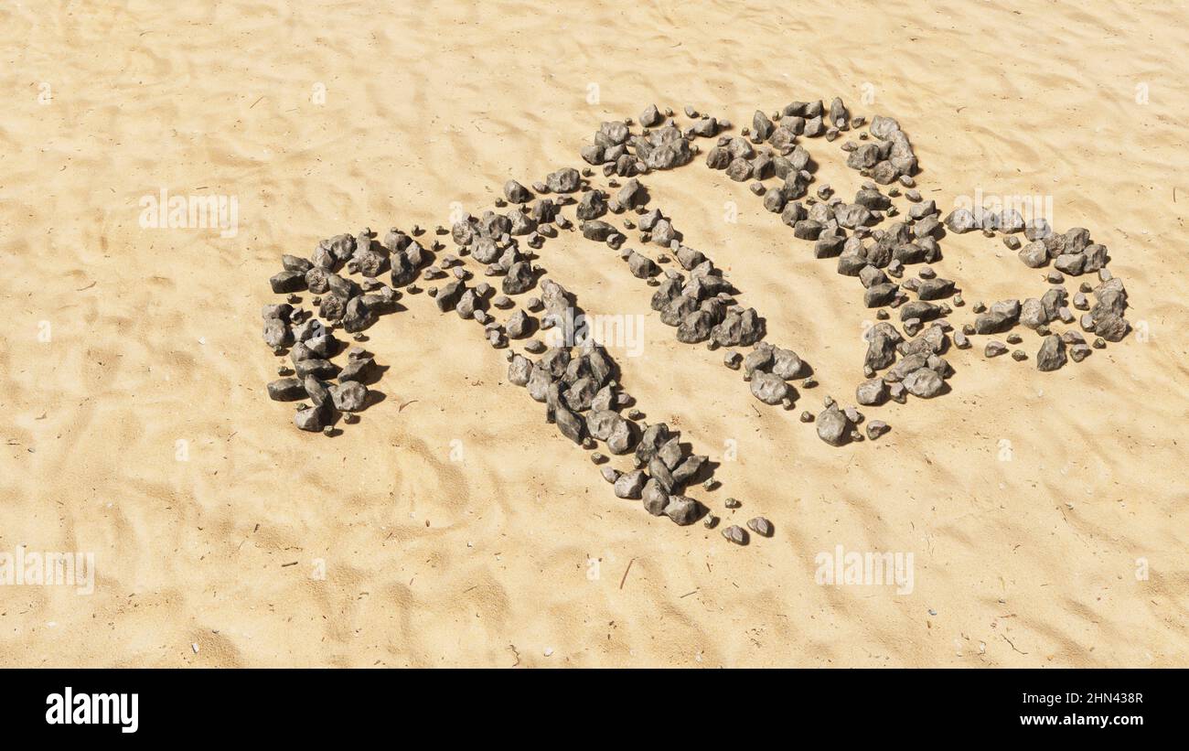 Concept conceptual stones on beach sand handmade symbol shape, golden ...