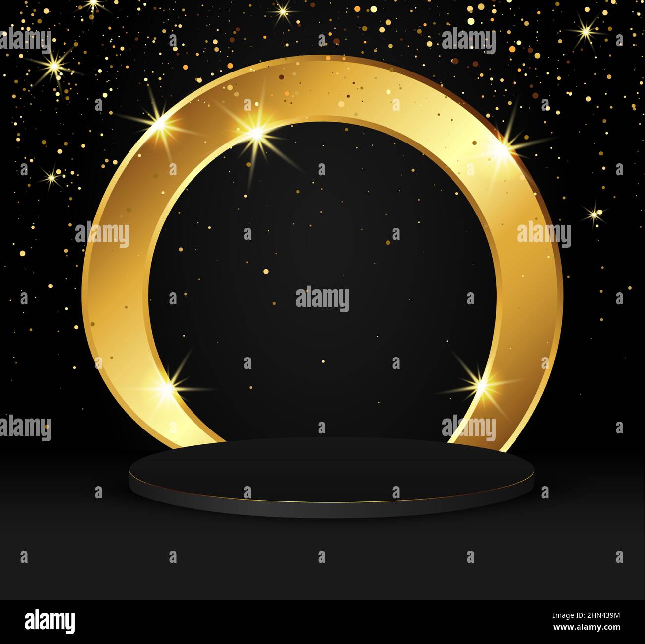 Golden circle with sparkles on a black podium. Abstract, round, gold ...