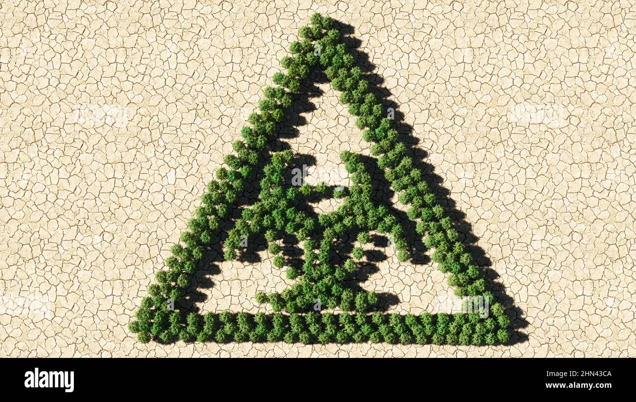 Concept or conceptual group of green forest tree on dry ground ...