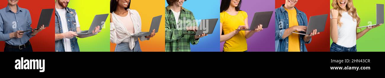 Cropped of millennial people various nationalities using computers ...