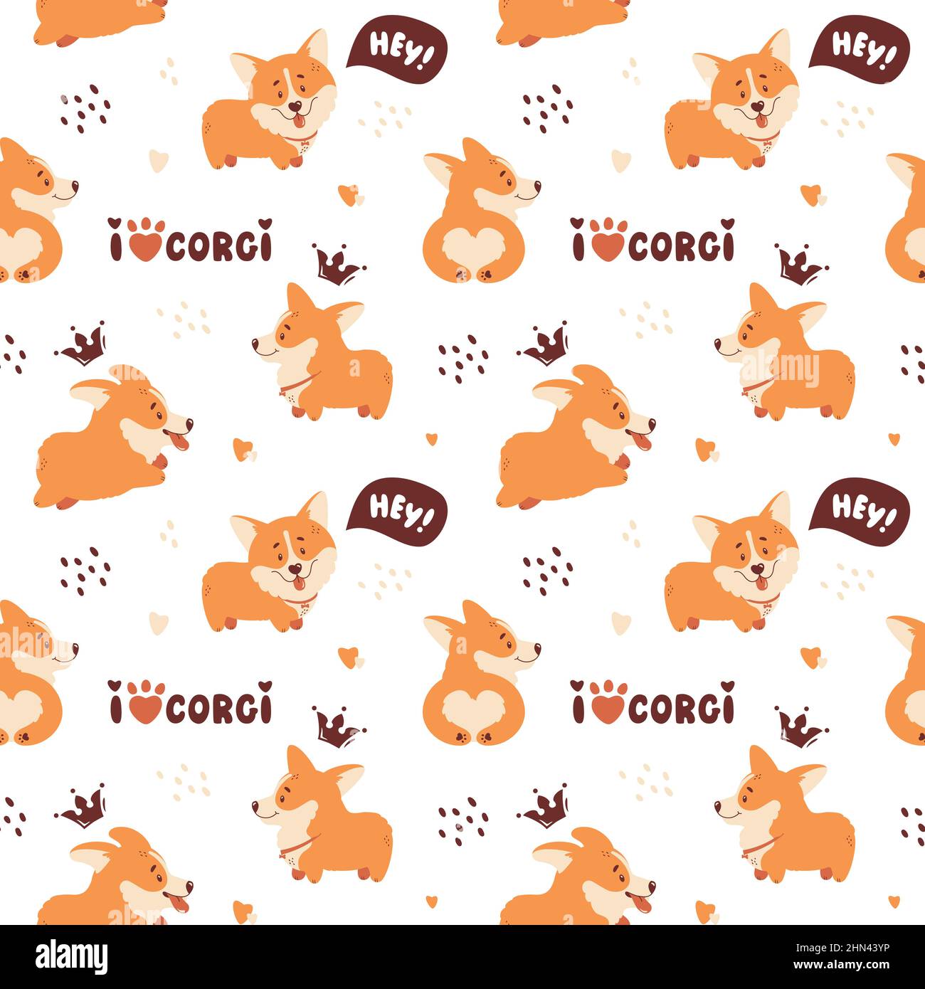 Corgi seamless pattern. Cute and happy welsh corgi puppies and hand ...