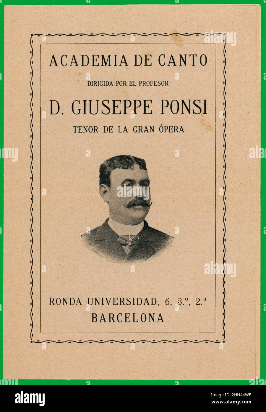 Barcelona. Folleto de la academia de canto de Giuseppe Ponsi, tenor ...