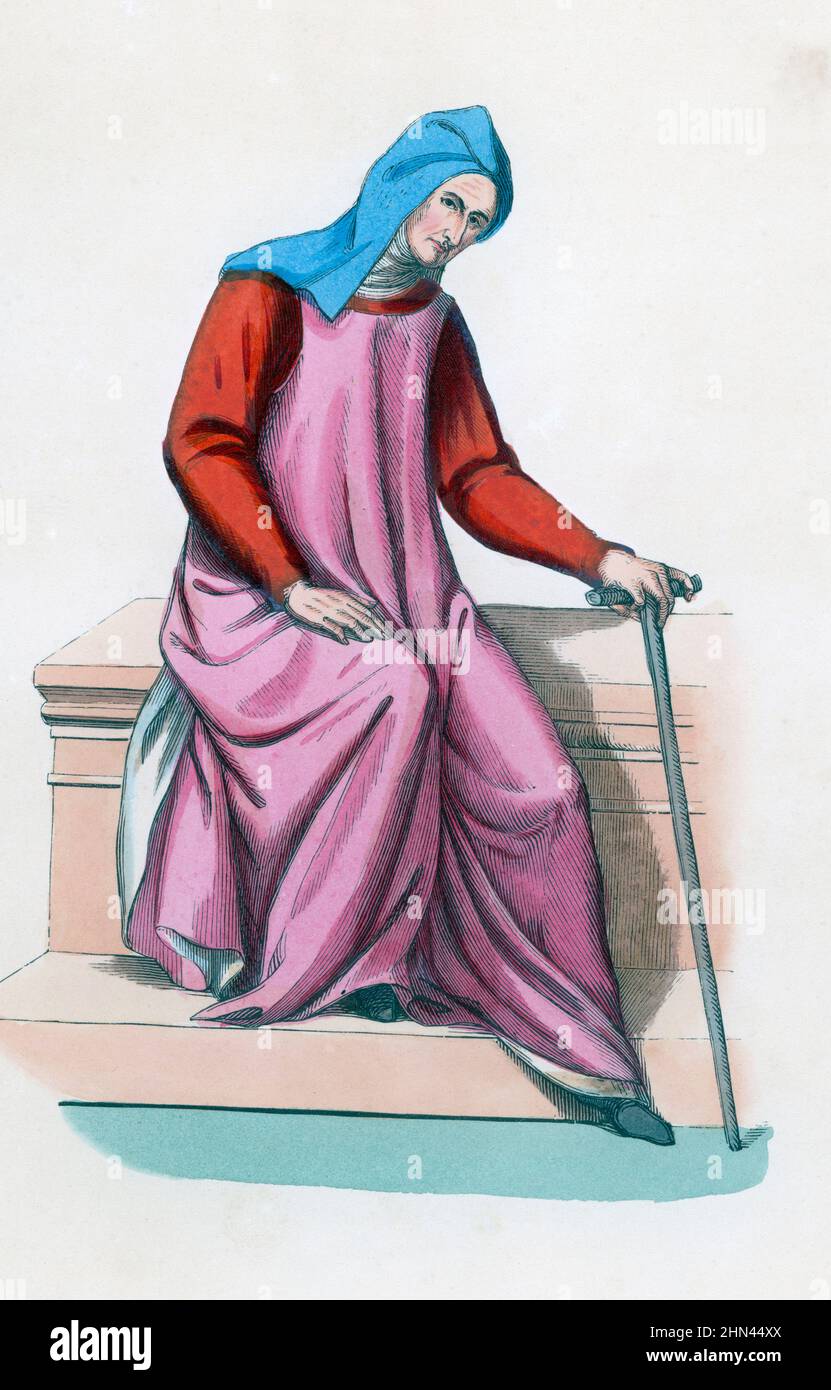 Edad media. Mujer plebeya de la clase artesana. Grabado de 1860 Stock ...