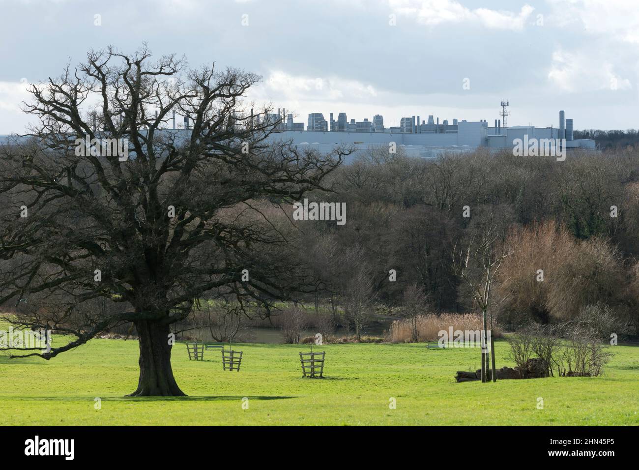 View towards Jaguar Land Rover factory from Elmdon Park in winter, West ...