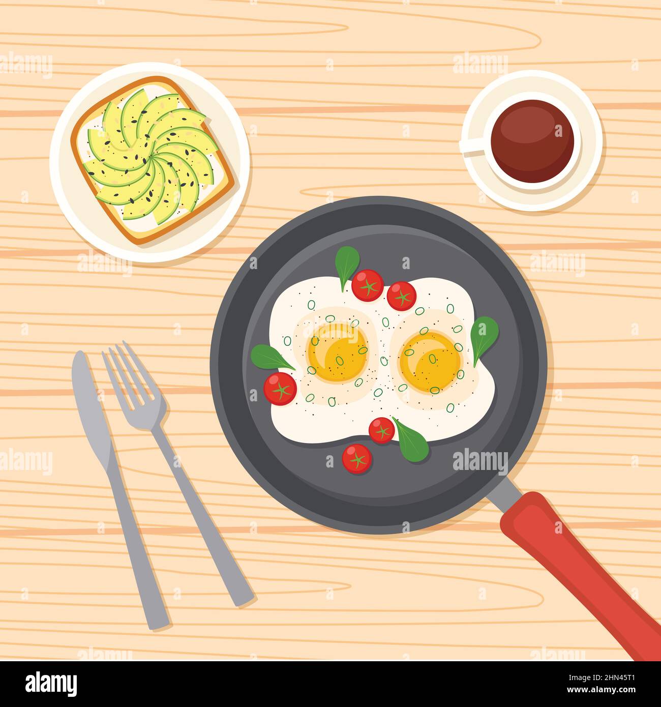 Breakfast with fried eggs on frying pan, coffee, avocado toast, vector ...