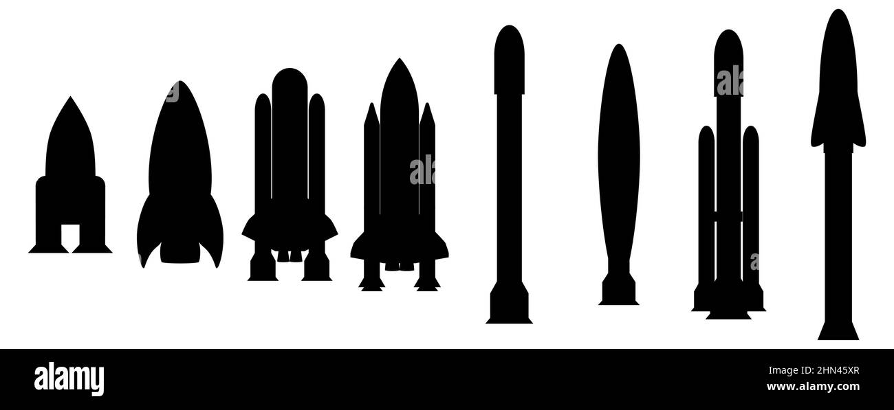 Black spaceships on a white background. Silhouettes of heavy rocket and ...