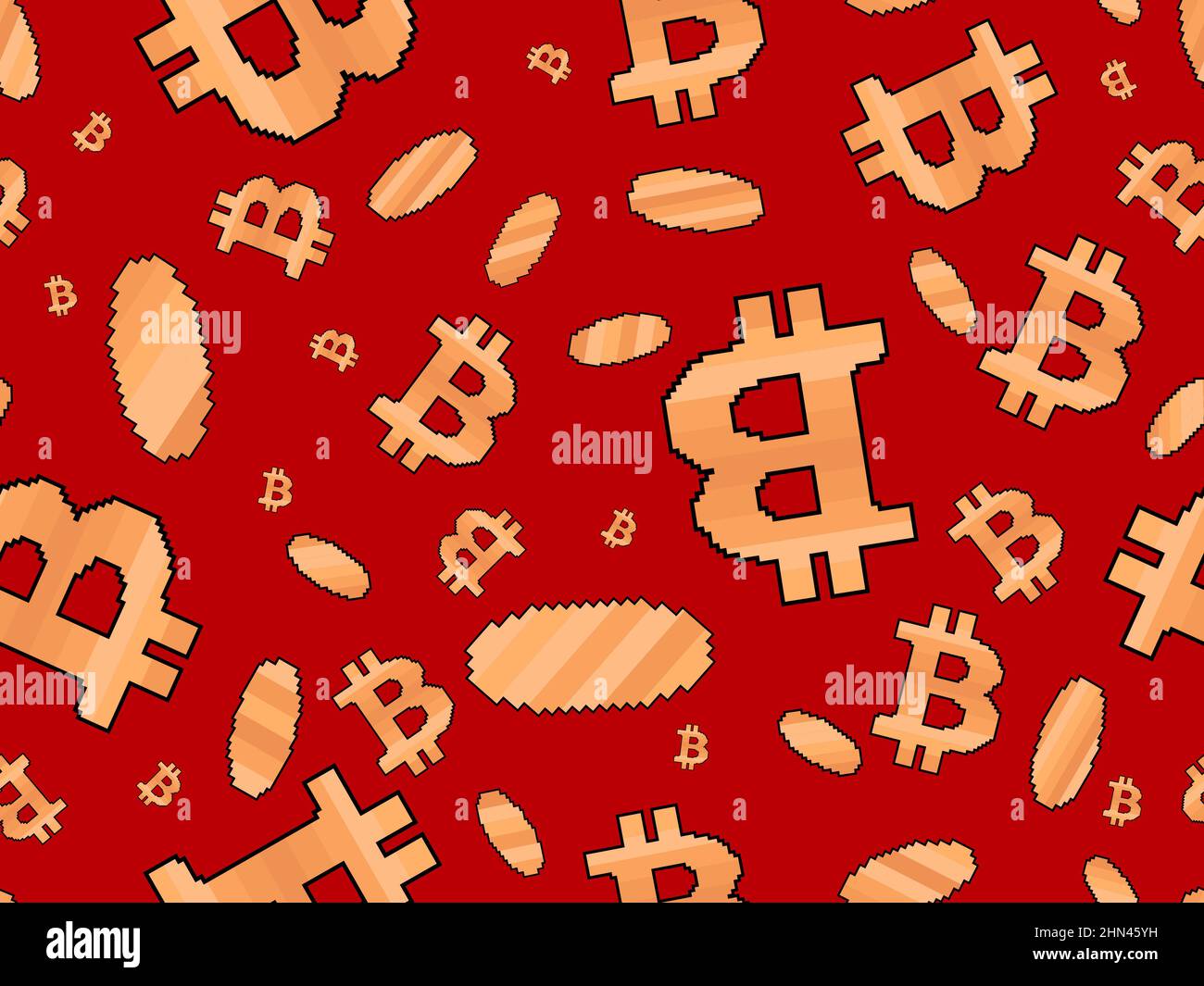 Bitcoin icon with golden coins in pixel style. Seamless pattern with 8 ...
