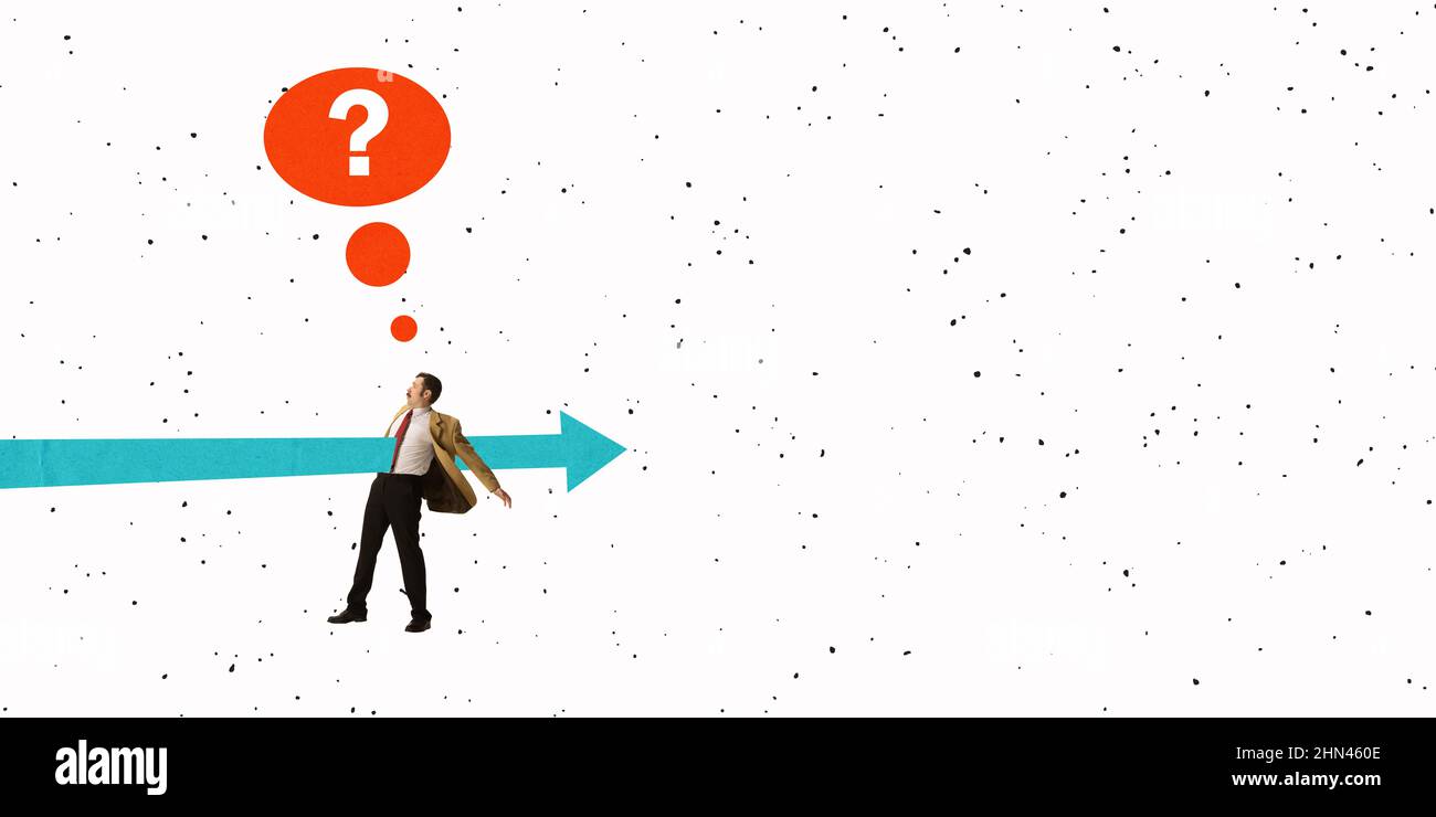 Contemporary art collage. Arow symbol passing throught businessman ...