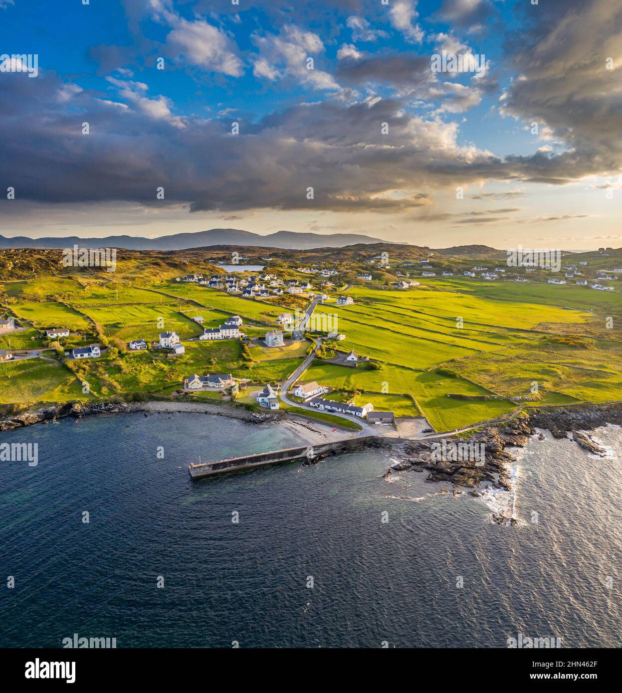 Aerial view of Portnoo harbour and Inishkeel Island in County Donegal ...