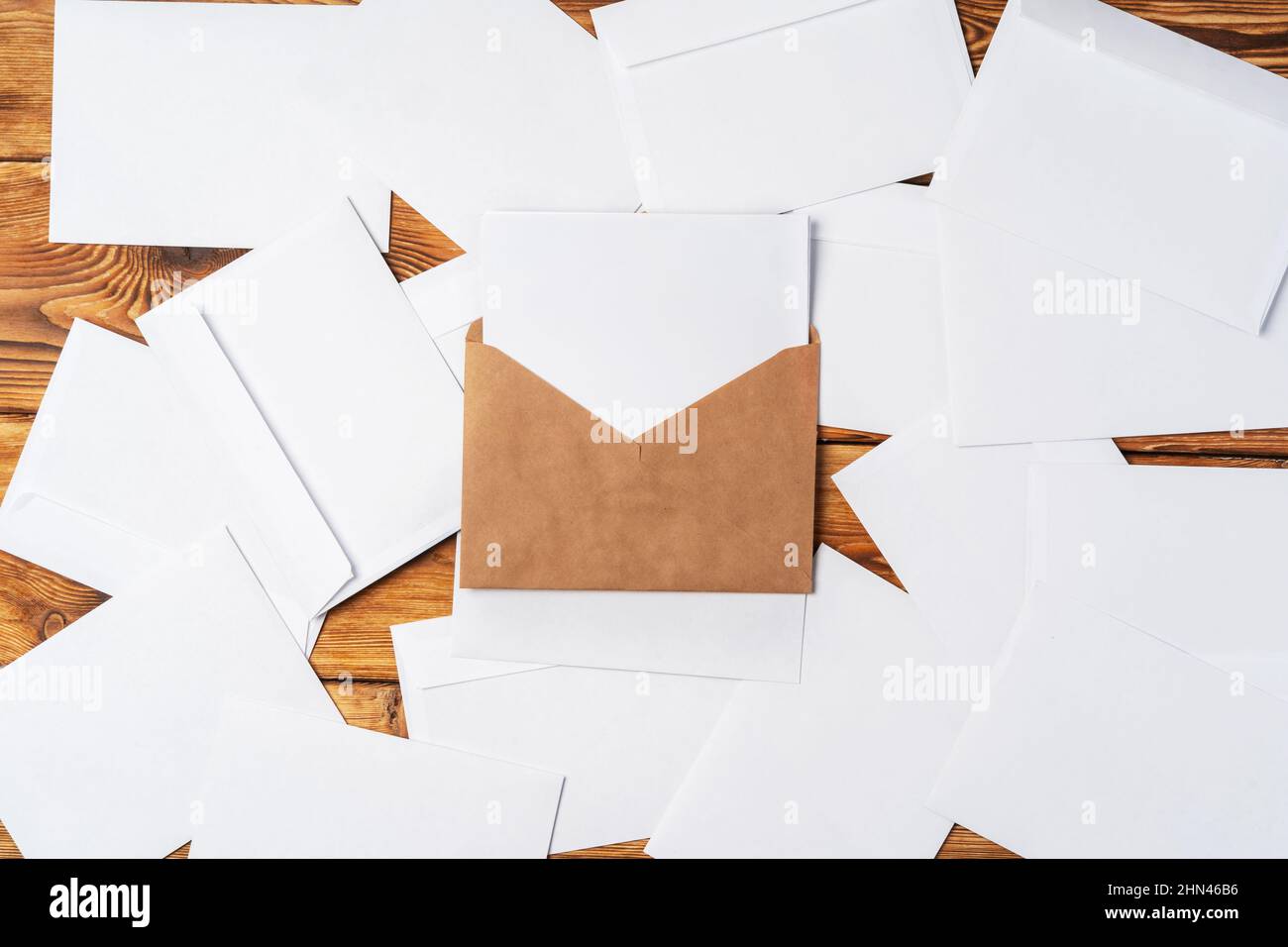 Stack of envelopes on working desk top view. Business mail Stock Photo ...