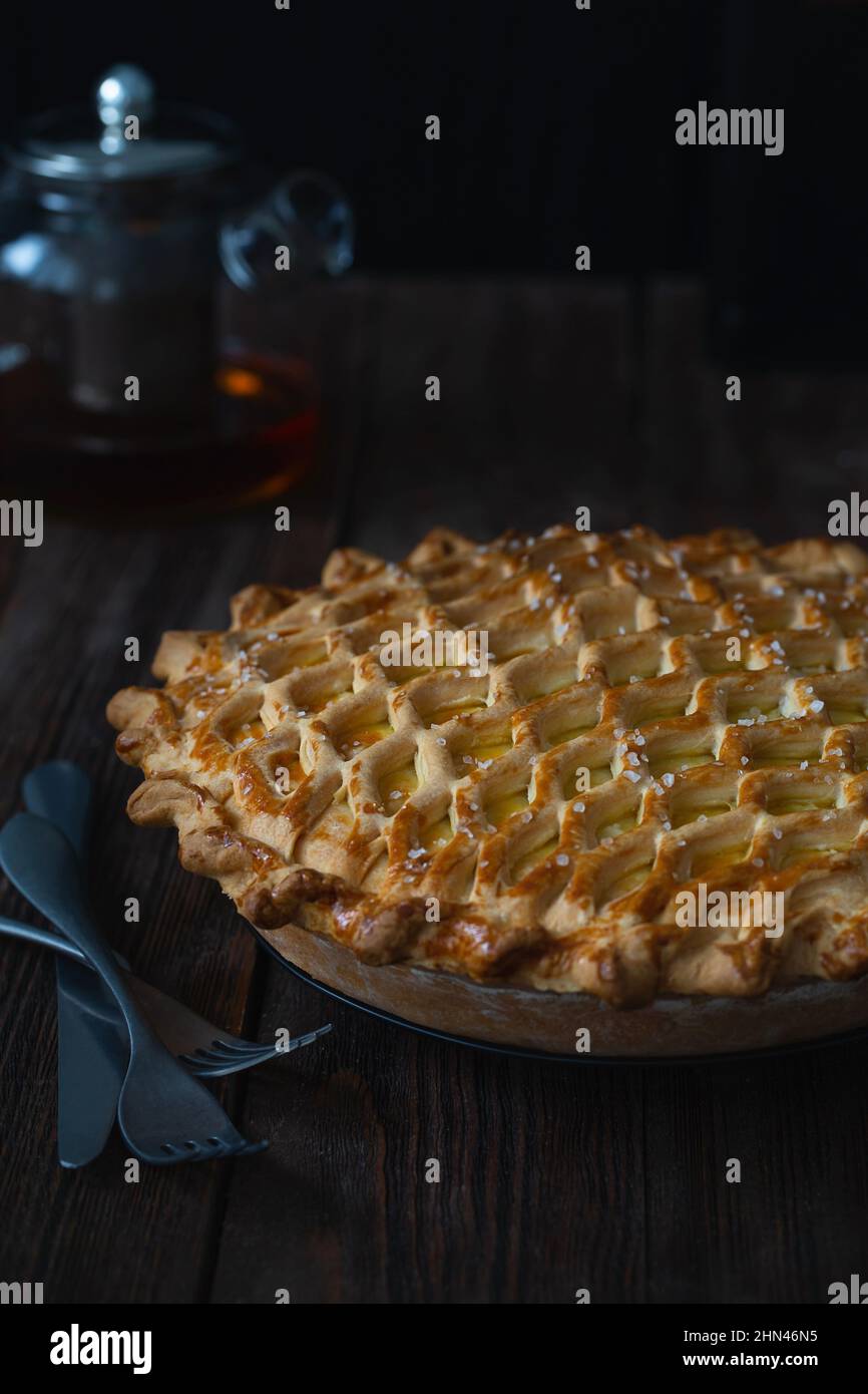 English meat pie. Pork pie. Traditional British pie. Freshly baked ...