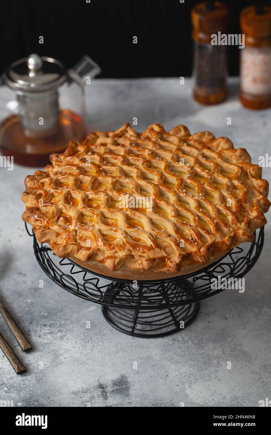 English meat pie. Pork pie. Traditional British pie. Freshly baked ...