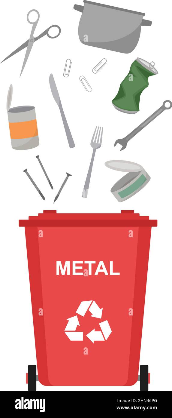 Garbage bin with metal waste, recycling garbage, vector illustration ...