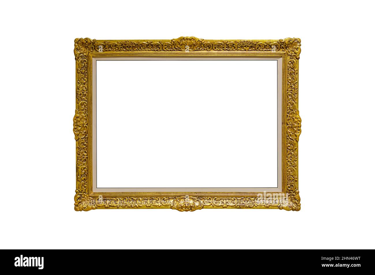 Old empty museum antique golden frame isolated on white background ...