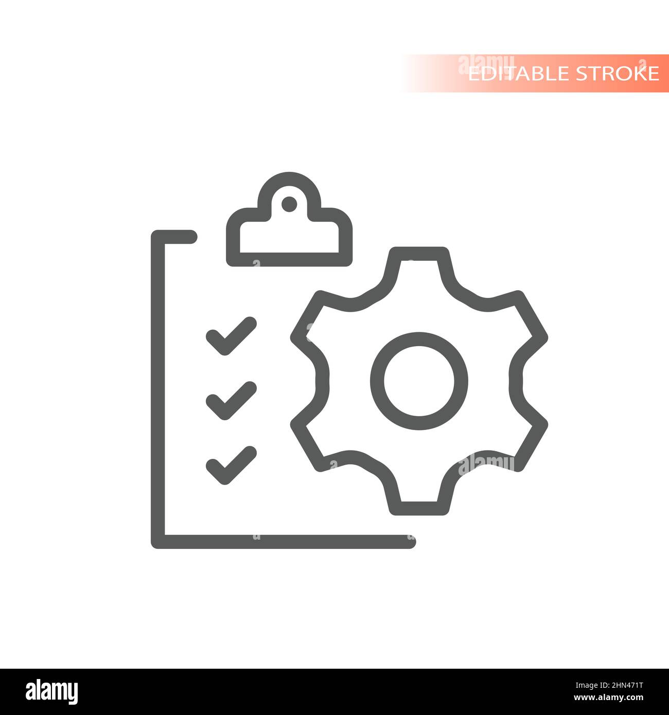 Clipboard and gear cogwheel line vector icon. Data, task checklist ...