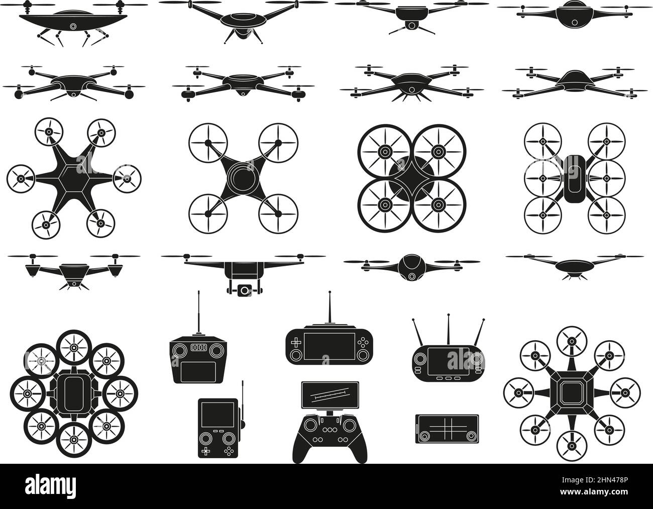 Drone icons, aerial quadcopters vehicles silhouette symbols. Modern ...