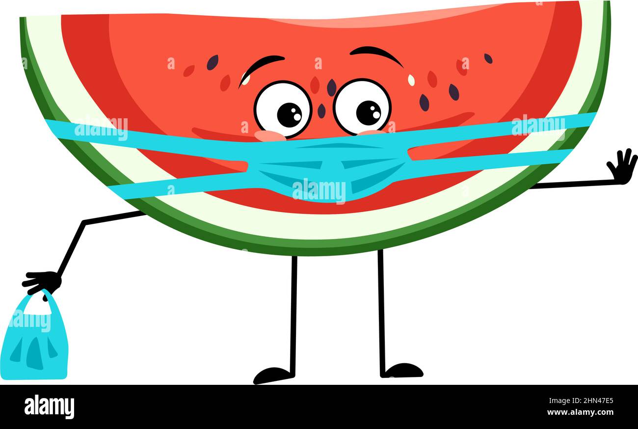 Watermelon character with sad emotions, face and mask keep distance ...