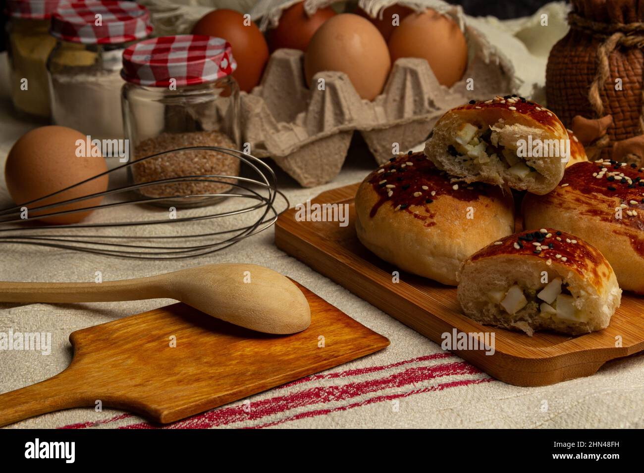 Pie baking concept, baking ingredients in the background and foreground ...