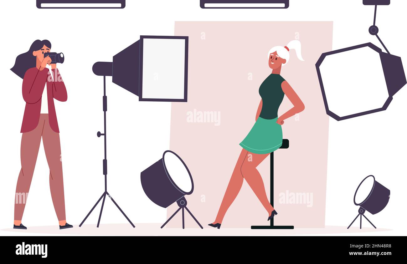 Professional photo session scene, photographer shooting model. Girl ...