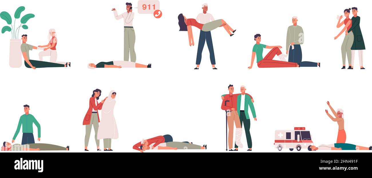 Medical first aid, emergency procedures, life save scenes. First aid health-threatening ...