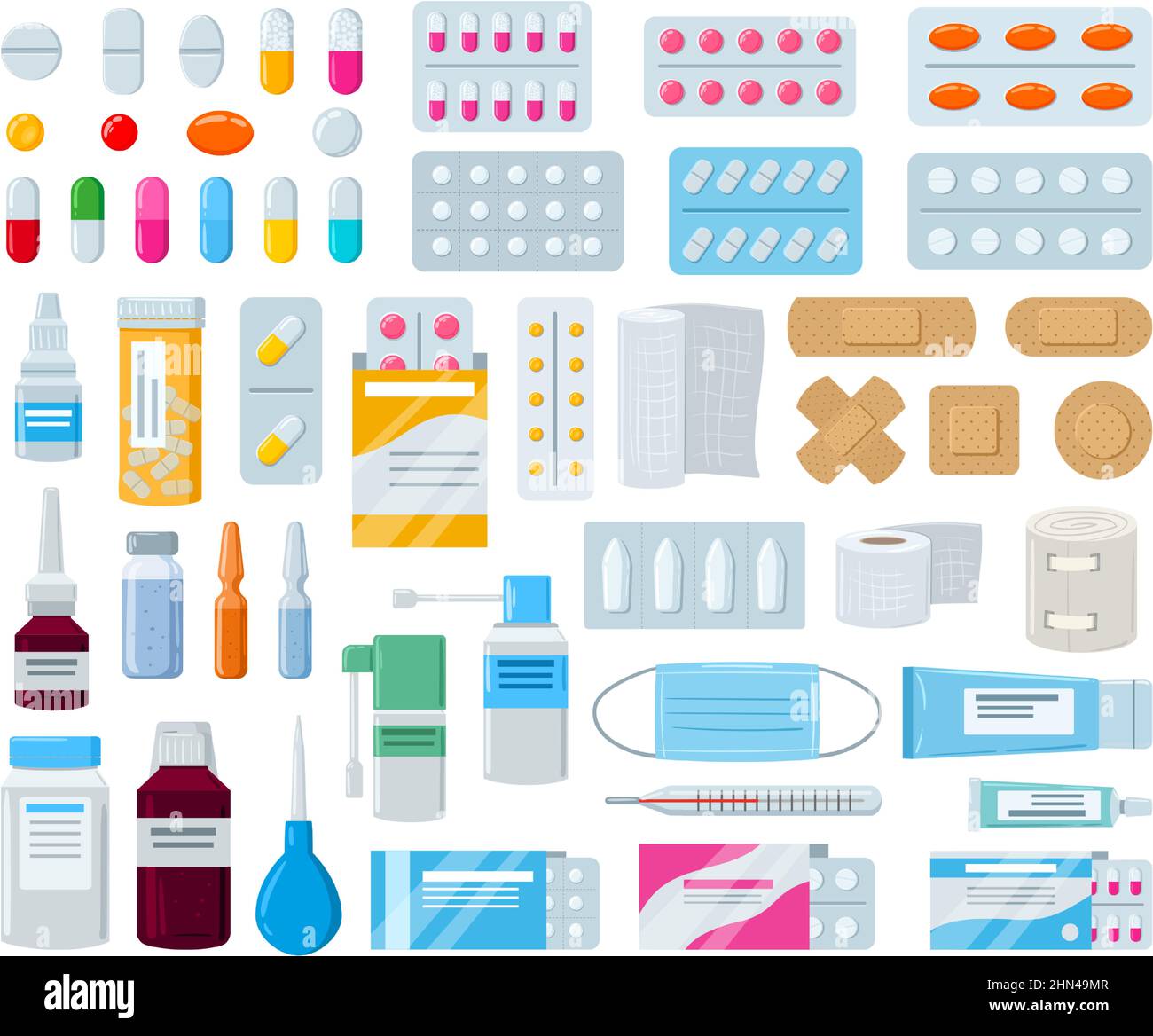Cartoon pharmacy medication, pills bottle, drugs and patches. Medicines ...